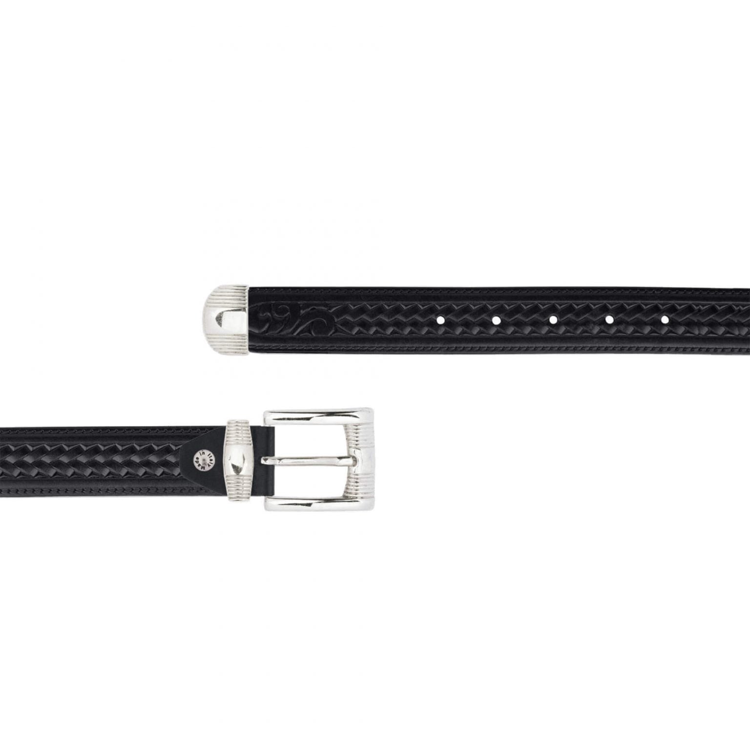 Buy Black Tooled Leather Belt With Metal Tip - LeatherBeltsOnline