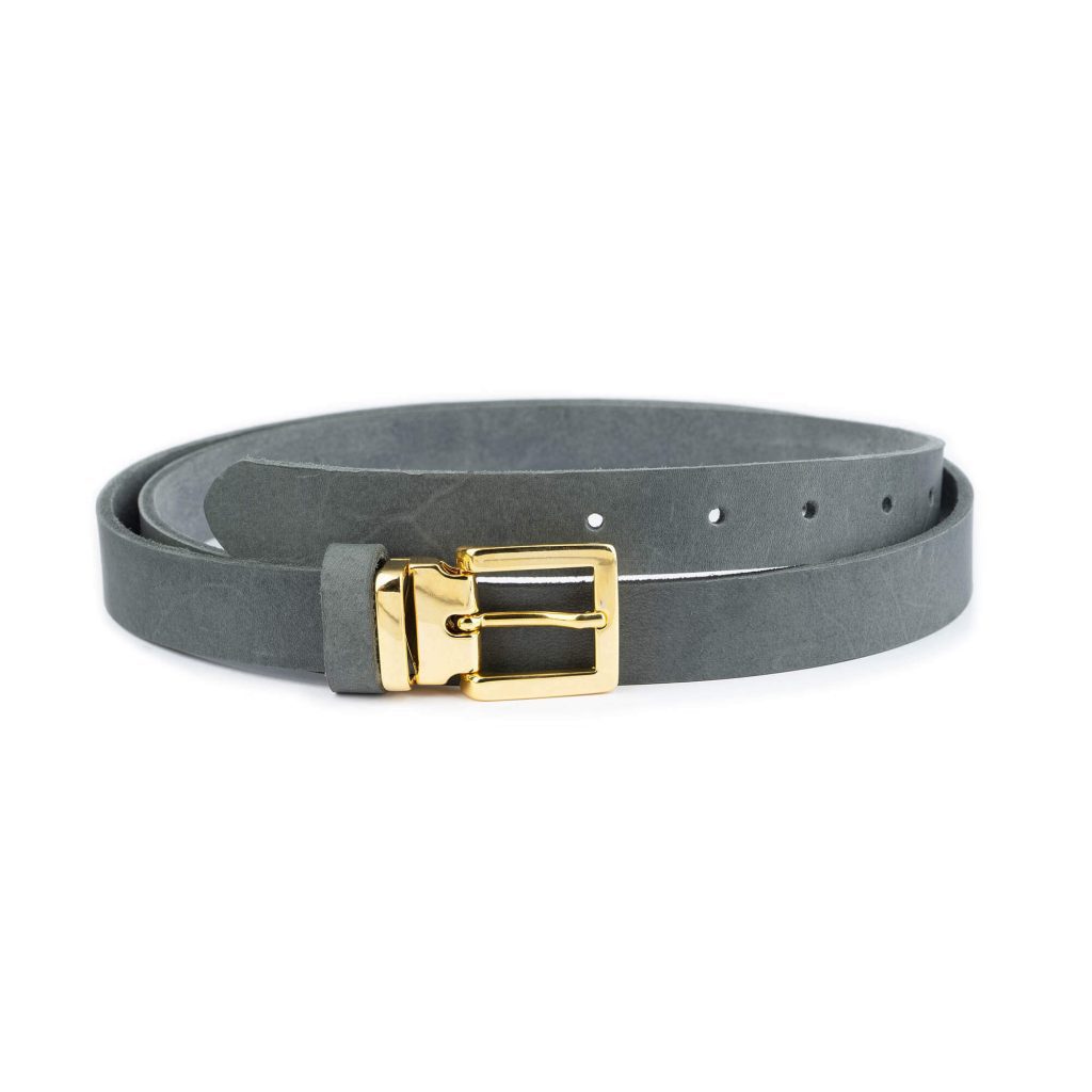 Buy Gray Soft Leather Belt With Square Gold Buckle - LeatherBeltsOnline.com