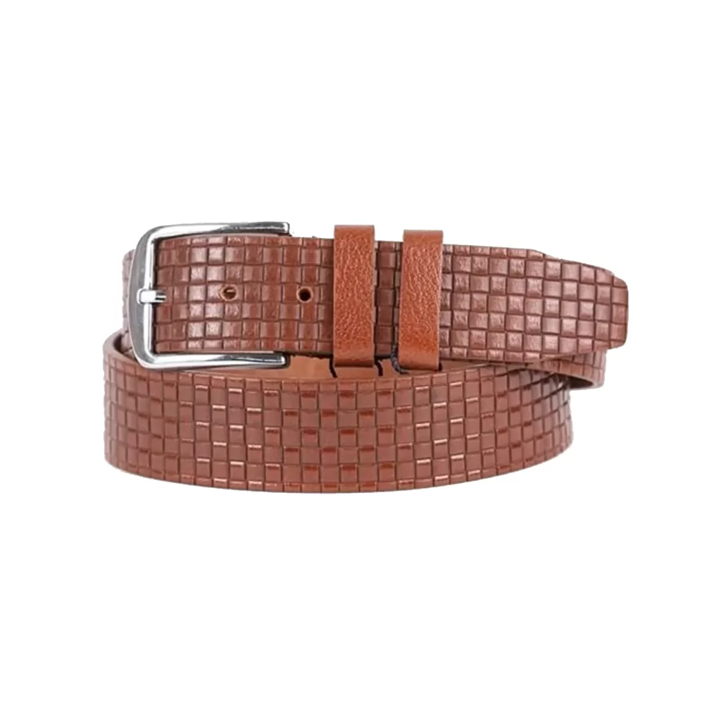 Buy Cognac Mens Belt For Jeans Check Emboss Leather ...