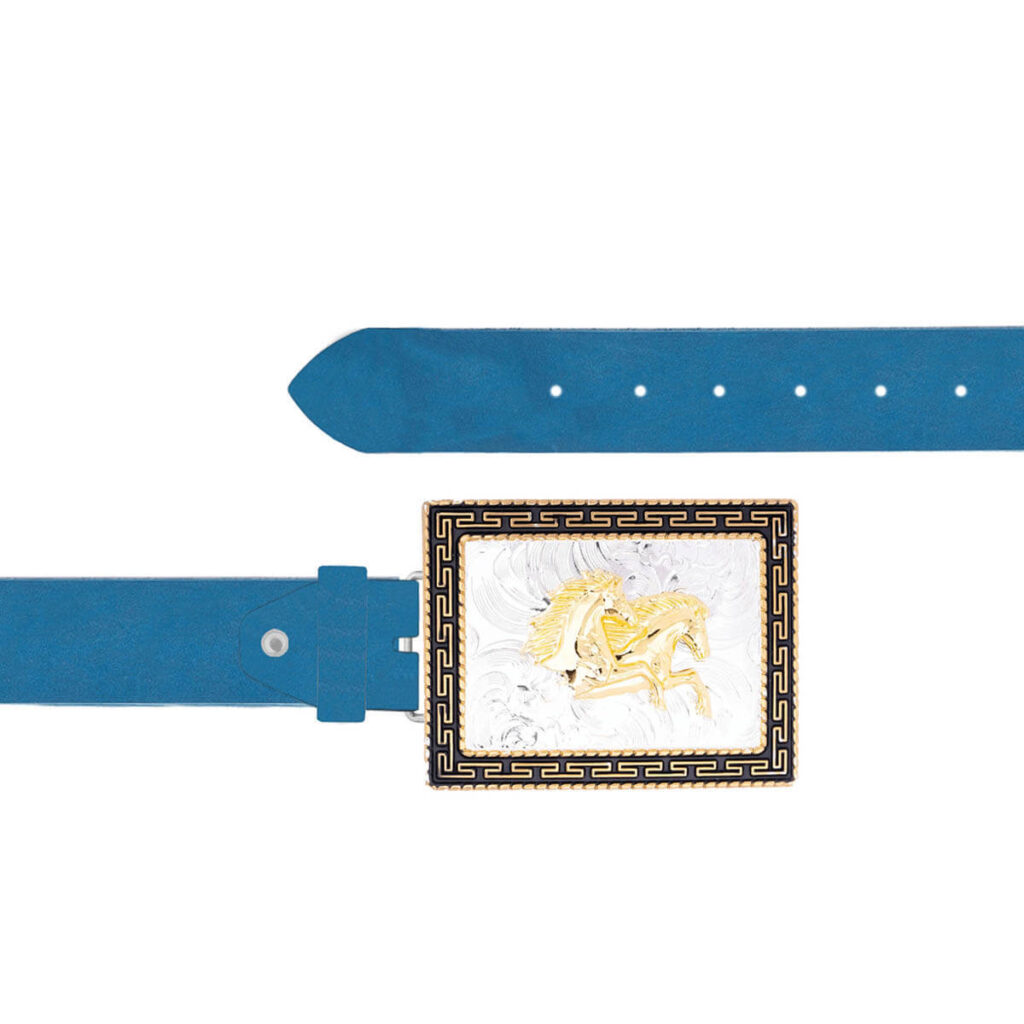 Buy Big Buckle Belt Gold Horses Oiled Leather Royal Blue ...
