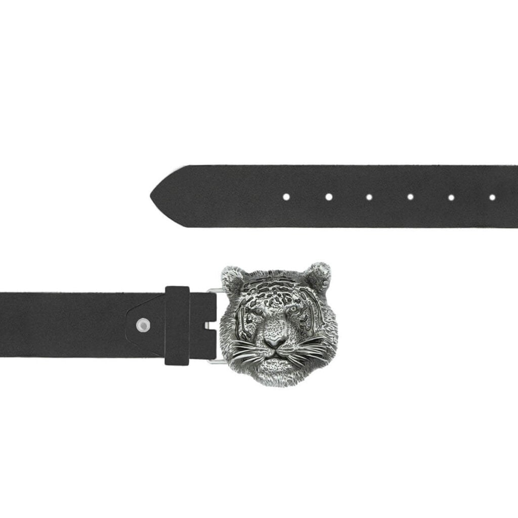 Buy Silver Tiger Head Buckle Belt Black Oiled Leather ...
