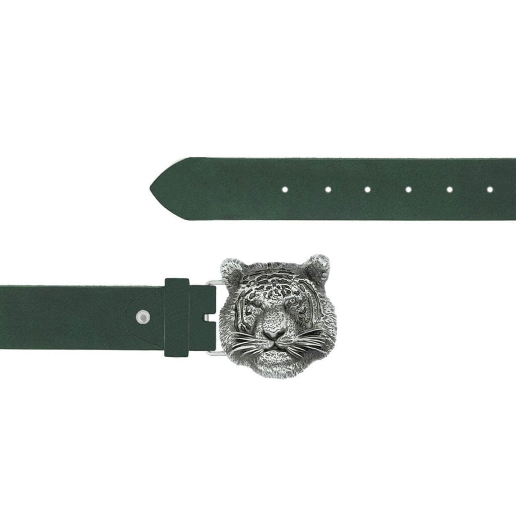 Buy Silver Tiger Head Buckle Belt Dark Green Oiled Leather ...