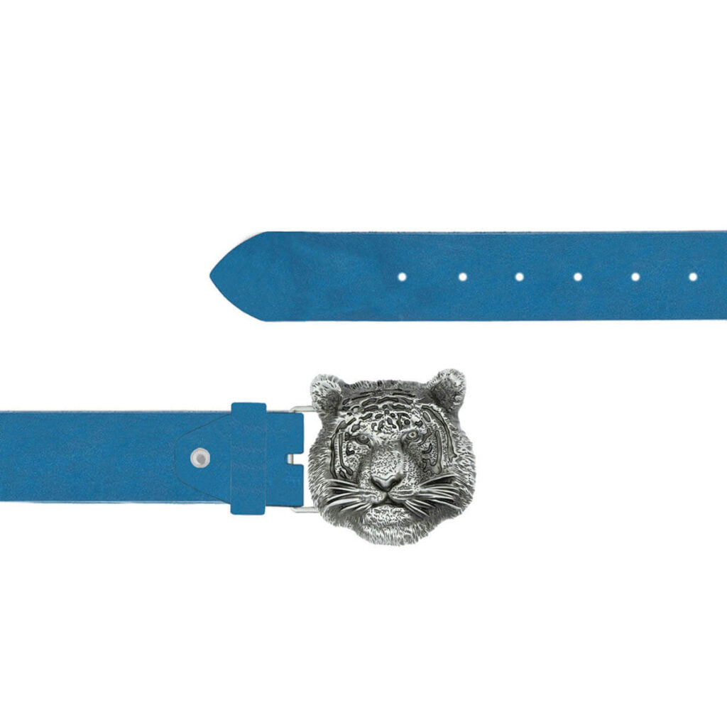 Buy Silver Tiger Head Buckle Belt Royal Blue Oiled Leather ...