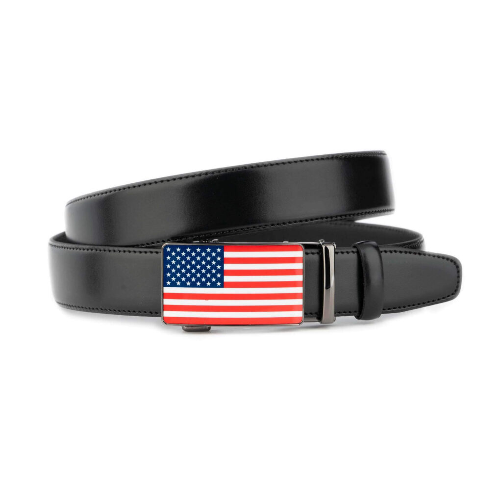 Buy USA Flag Ratcheting Belt Black Vegan Leather - LeatherBeltsOnline.com