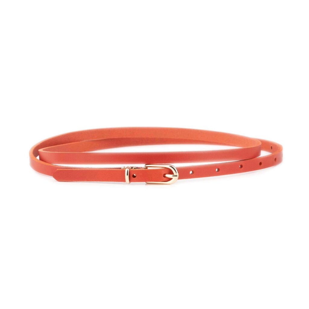 Buy Skinny Red Leather Belt Gold Buckle 1.0 Cm - LeatherBeltsOnline.com