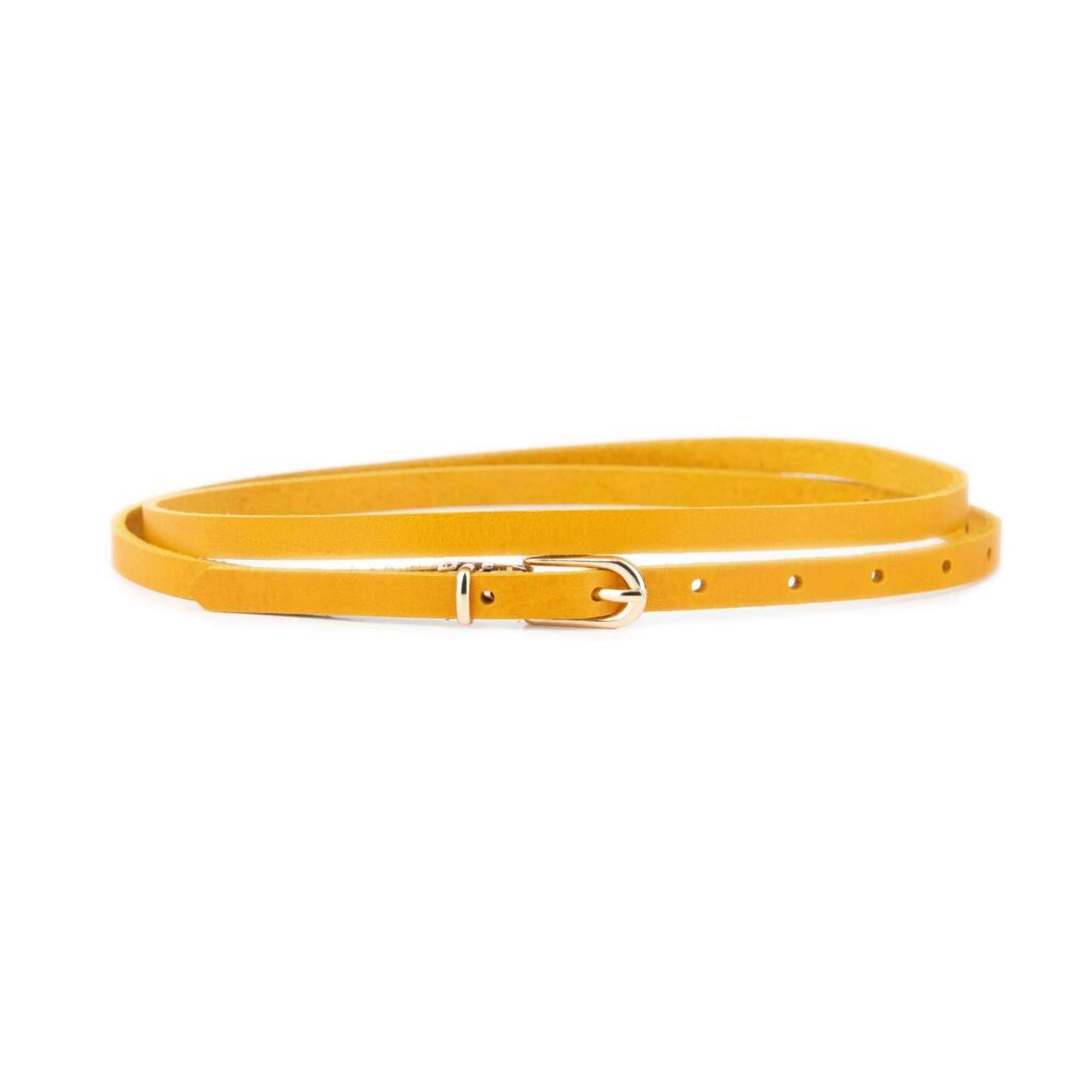 Buy Skinny Yellow Belt Gold Buckle Real Leather - LeatherBeltsOnline.com