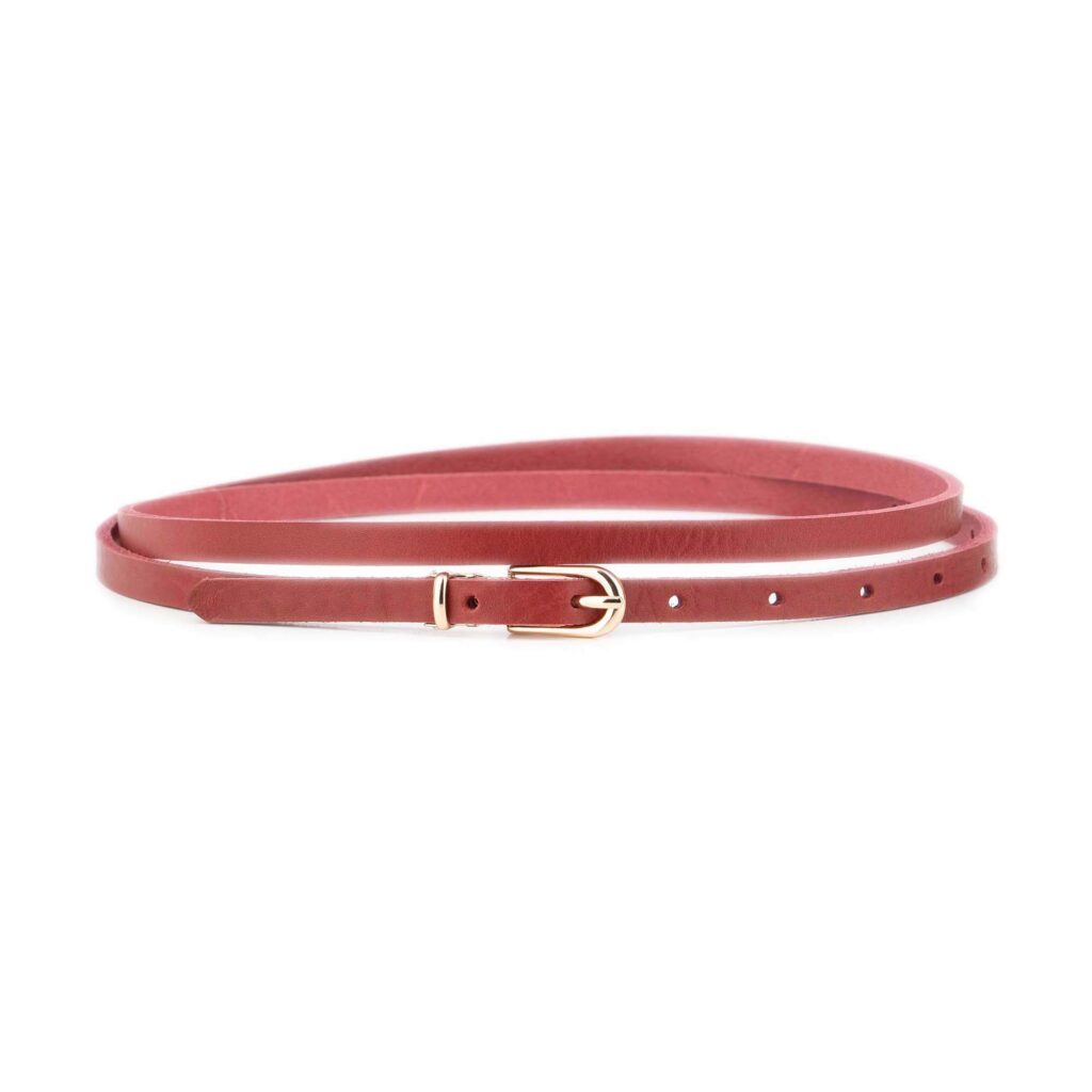 Buy Burgundy Skinny Belt Golden Buckle Real Leather ...
