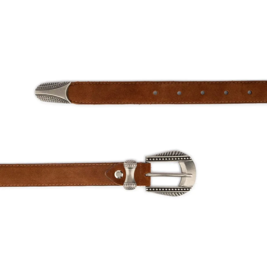 1" Ladies Tan Suede Western Belt - Antique Silver Buckle